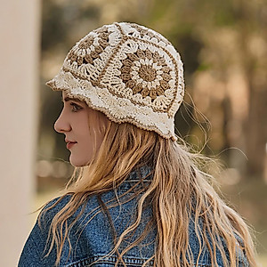 XYIYI Beige Women Crochet Bucket Hat Knit Handmade Foldable Beach Hat Cute Hand Woven Fishing Hat