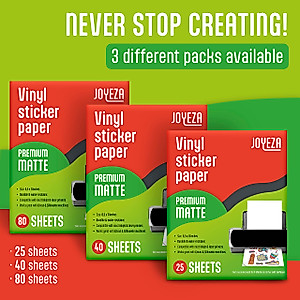 JOYEZA Premium Printable Vinyl Sticker Paper for Inkjet Printer - 25 Sheets Matte White Waterproof, Dries Quickly Vivid Colors, Holds Ink well- Tear Resistant - Inkjet & Laser Printer