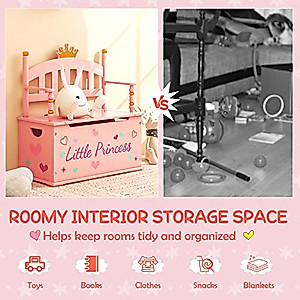 Costzon Wooden Toy Box, 2 in 1 Toy Chest Storage Bench Seat with Safety Hinged Lid, Kids Toy Storage Organizer for Playroom Bedroom, Children's Furniture, Gift for Toddler Girls Age 3+, Pink