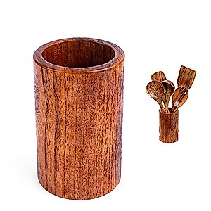 Wooden Kitchen Utensil Holder, 5.8 x 3.7 Inch, Natural Acacia Wood Cooking Utensil Holder for Countertop, Utensil Crock Organizer for Spoons Spatula Spurtles Skimmer Cooking Tools Straws