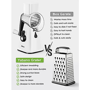 Yabano Rotary Cheese Grater Cheese Shredder with Handle, Vegetable Slicer for Kitchen, 3 Replaceable Stainless Steel Drum Blades, Easy To Use & Clean, Manual Nuts Grinder with Cleaning Brush, White