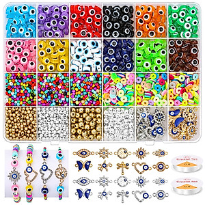 Evil Eye Bracelet Making Kit, Acejoz Bracelet Making Kit with Evil Eye Beads, Evil Eye Charms, Clay Beads, Gold Beads, Glass Seed Beads and Elastic String for Bracelets