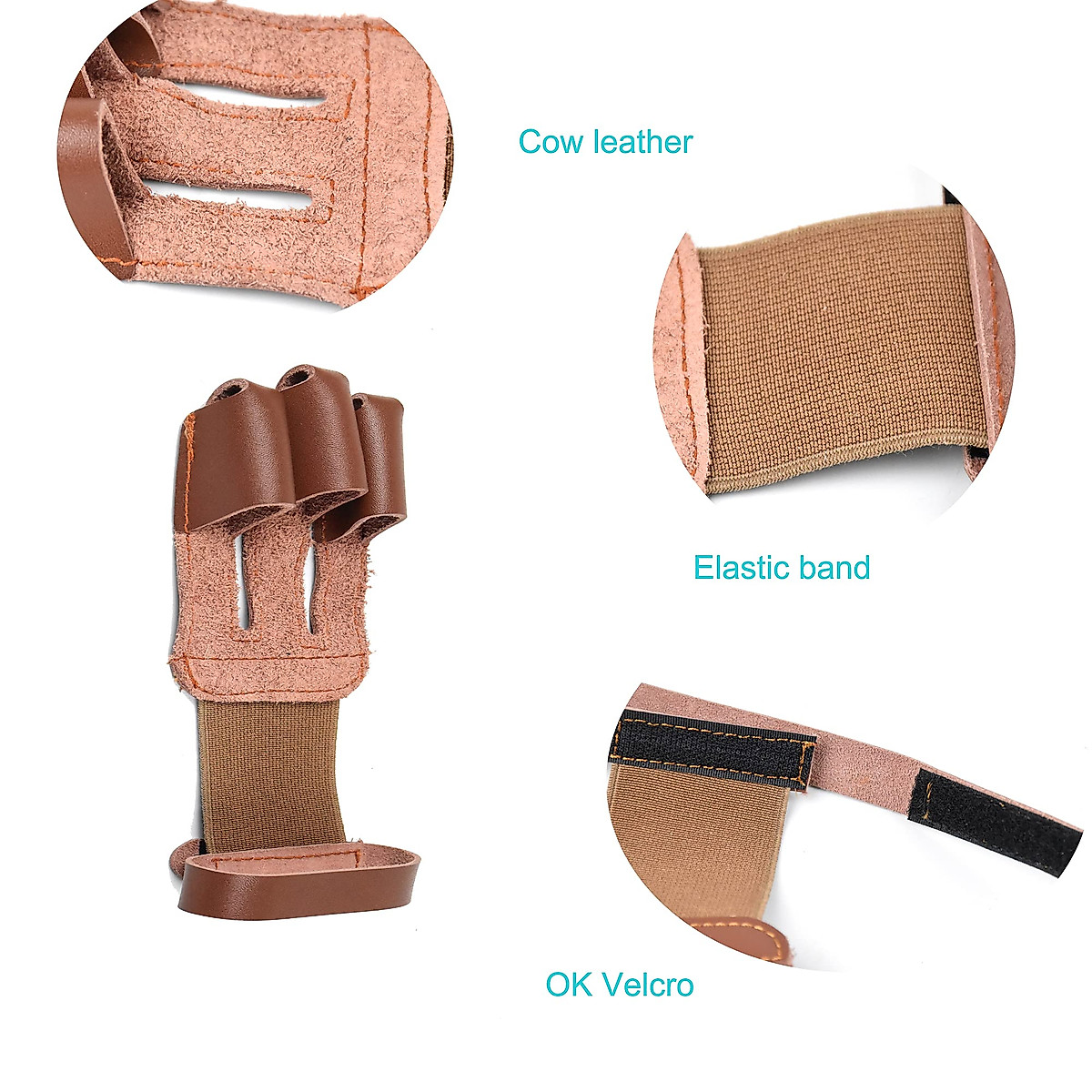 Windfulogo Leather Archery Hand Glove Finger Tab Hand Guard Protector Long Bow for Right Hand 3 Fingers Brown