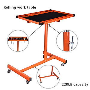 Eisen Mechanics Rolling Work Table, Adjustable Mobile Tray Table for Shop, Garage, DIY. Tool Tray Cable With Wheels. 220 lb. Capacity, orange