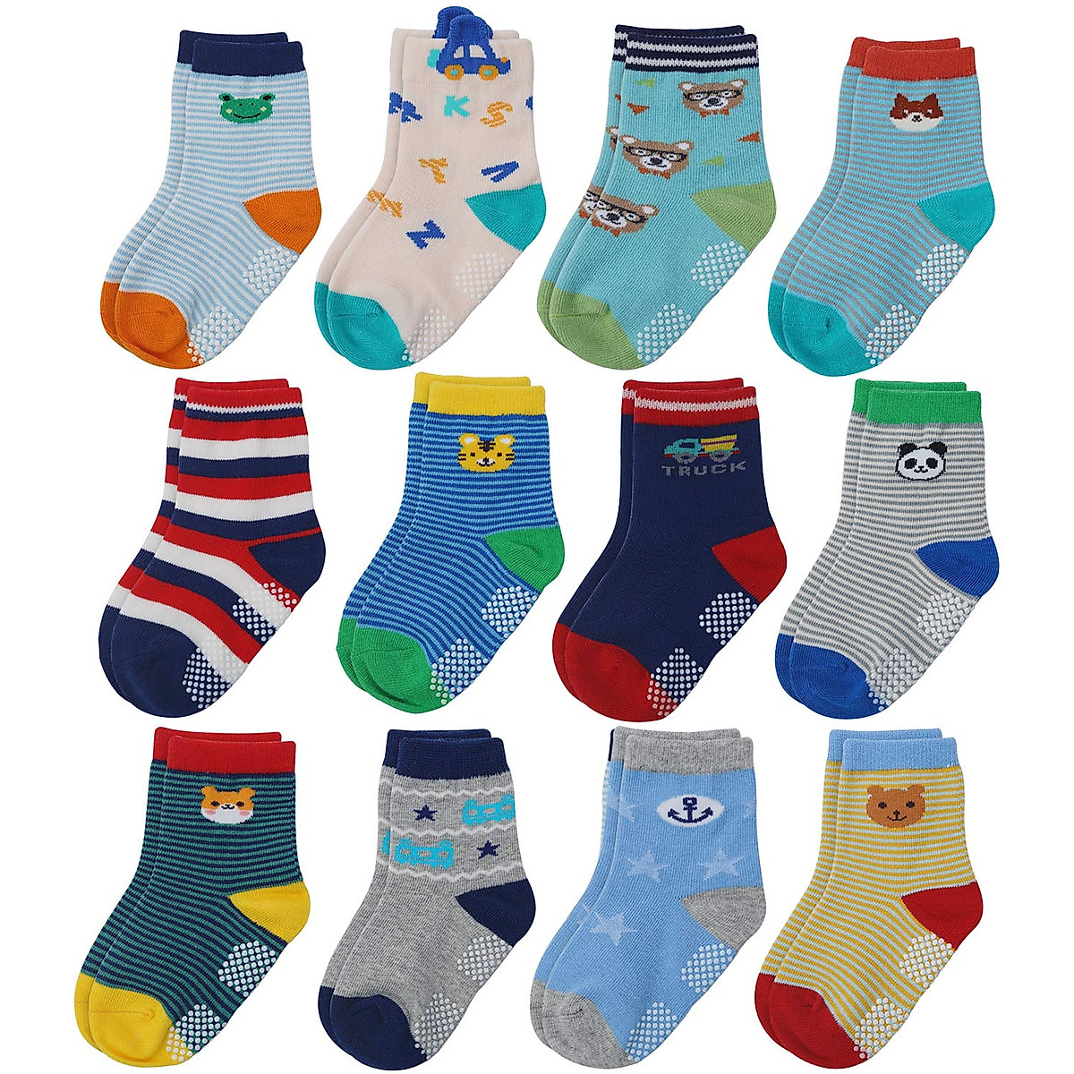 Flanhiri Baby Boys Toddler Non Skid Cotton Socks with Grip (1-3 Years, 12 Pairs - Set 4/713717)