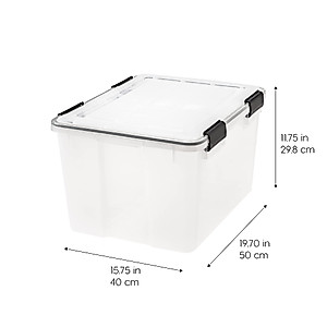 IRIS USA WEATHERPRO 47 Quart Stackable Storage Box with Airtight Gasket Seal Lid, Heavy Duty Containers with Tight Latches, Weather proof Bins for Closet Basement Attic, 2 Pack - Clear/Black