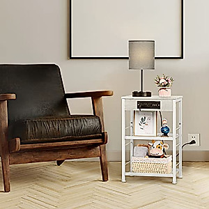 White Nightstand with Charging Station 3 Tier Small End Table with Storage Shelf Modern Farmhouse Bed Side Table with USB Ports and Outlets for Small Space Living Room Bedroom