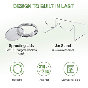 Complete Mason Jar Sprouting Kit - 2 Wide Mouth Quart Sprouting Jars with 316 Stainless Steel Sprouting Lids, Ceramic Drip Tray and Stand