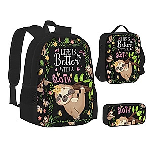 Sloth Backpack Set Sloth Backpacks+Lunch Bag With Holder+Pencil Case 3 Pieces Branch School Book Bag For Girls Boys
