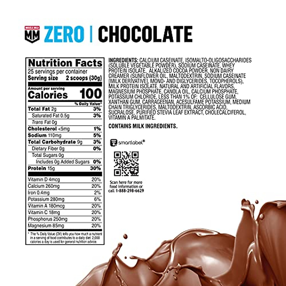 Muscle Milk ZERO, 100 Calorie Protein Powder, Chocolate, 15g Protein, 1.65 Pound, 25 Servings