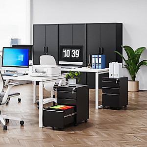 MIIIKO 3 Drawer File Cabinet, Metal Filing Cabinet with Lock Rolling Wheels, Office Storage Under Desk,Deep Drawers for Hanging Legal Letter Fill, Full Assembled Except Casters