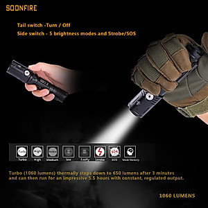 soonfire MX65 Tactical Flashlight 1060 Lumens Built-in a Fast Charging Rechargeable LED Handheld Flashlights 5 Brightness Waterproof Flashlight