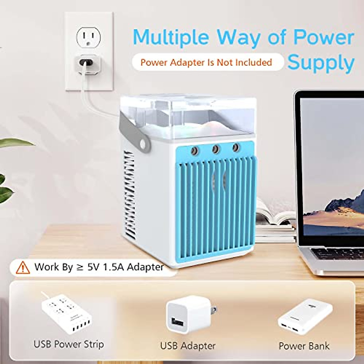 Portable Air Conditioners, 4 in 1 Rechargeable Mini Air Conditioner Evaporative Personal Cooler Humidifier, 3 Speeds Mini AC Desktop Cooling Fan for Office Tent Bedroom