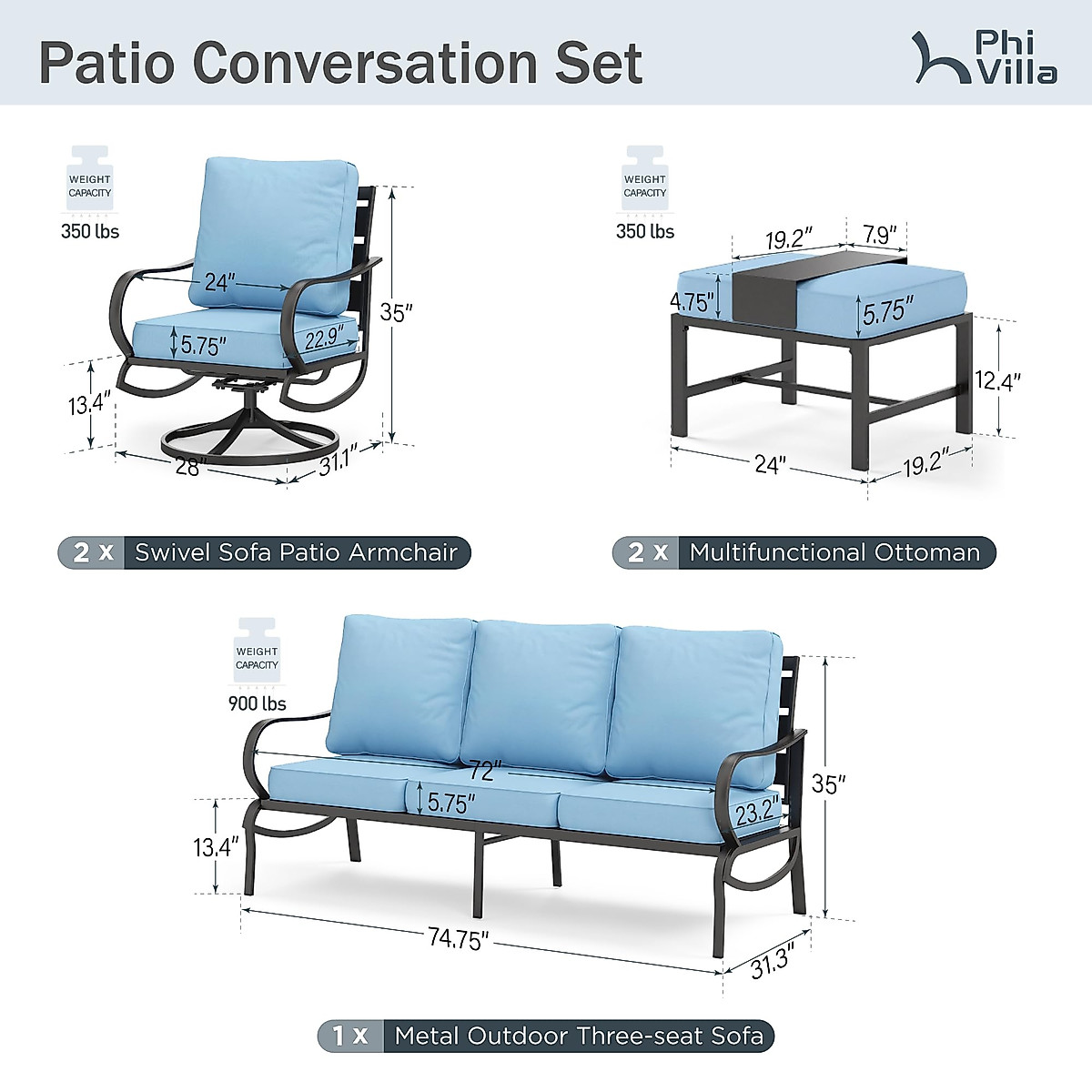 PHI VILLA 5 PCS Patio Furniture Set,Metal Deluxe Patio Set with 1 x 3 Seater Deep Seating Bench, 2 x Swivel Sofa Chairs & 2 x Metal Cushioned Ottoman, Outdoor Patio Set for Garden, Light Blue