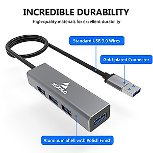 NexiGo 4-Port USB 3.0 Hub, Aluminum Portable USB Hub, 2 Ft Cable, [5Gbps High Speed, 4.5W Charging Supported] for MacBook, Mac Pro/Mini, iMac, Surface Pro, Laptop, USB Flash Drives, Hard Drives