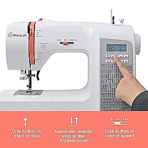 Poolin Computerized Self Threading Sewing Machine - 293 Stitches Applications with Social Media Video Tutorials, Include 7 Presser feet, Double Needle, 3 Bobbins & Threads, EOC2720