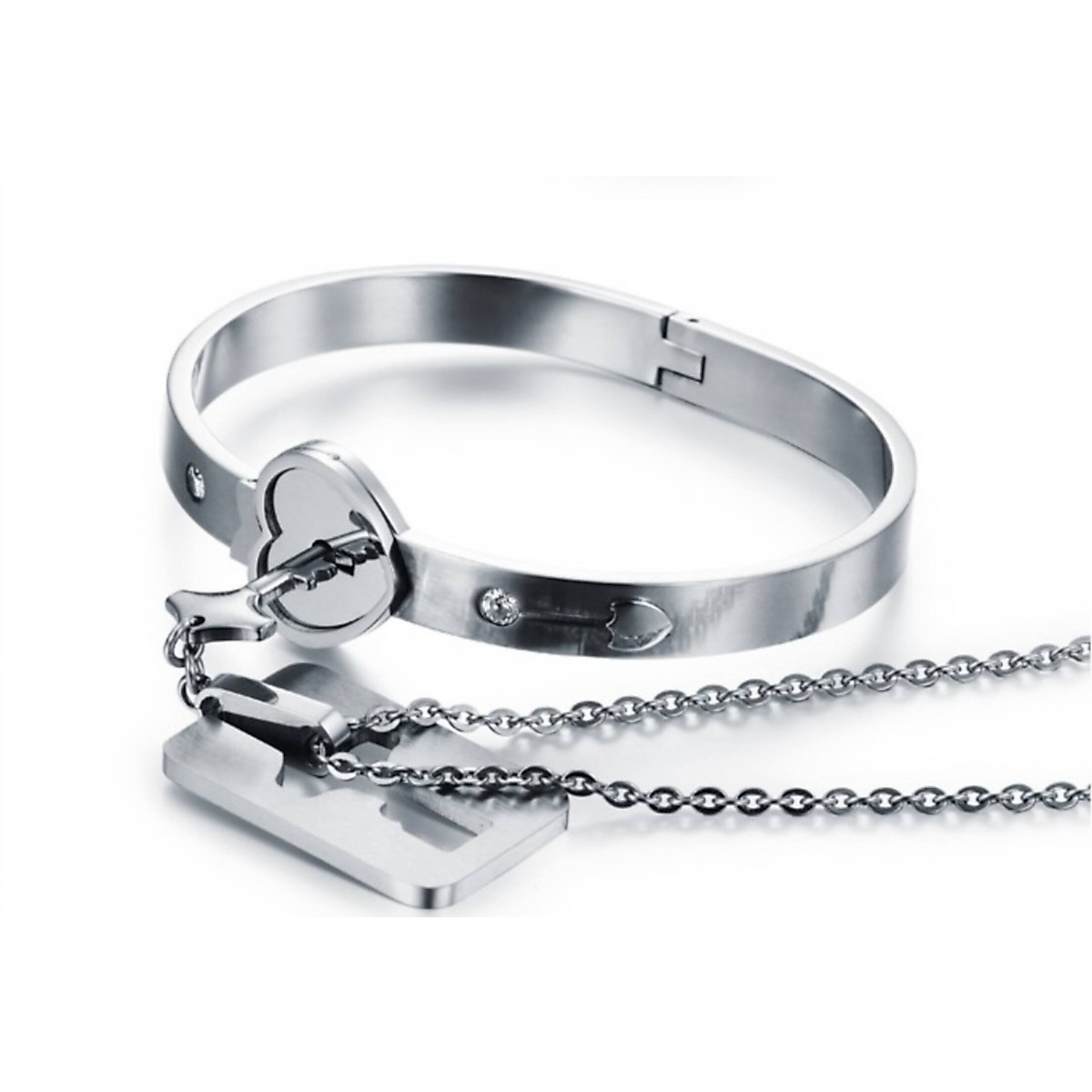 Naivo Romantic Stainless Steel Bracelet Love Heart Lock Bangle Key Pendants Necklace Lovers Jewelry set (Steel color)