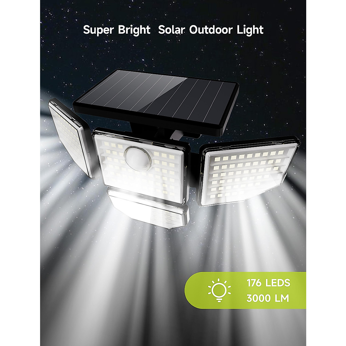 soysout Solar Outdoor Lights, 3000LM 176 LED Security Lights with Remote Control, 4 Heads Motion Sensor Lights, IP65 Waterproof Outdoor Floodlights