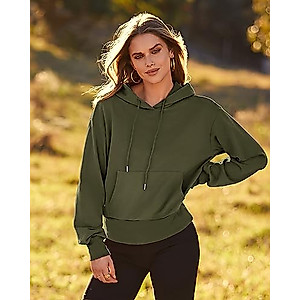 BTFBM Women's Casual Long Sleeve Cropped Hoodies Pullover Fall Winter Fashion Drawstring Sweatshirts Tops Pockets(Solid Army Green, Large)