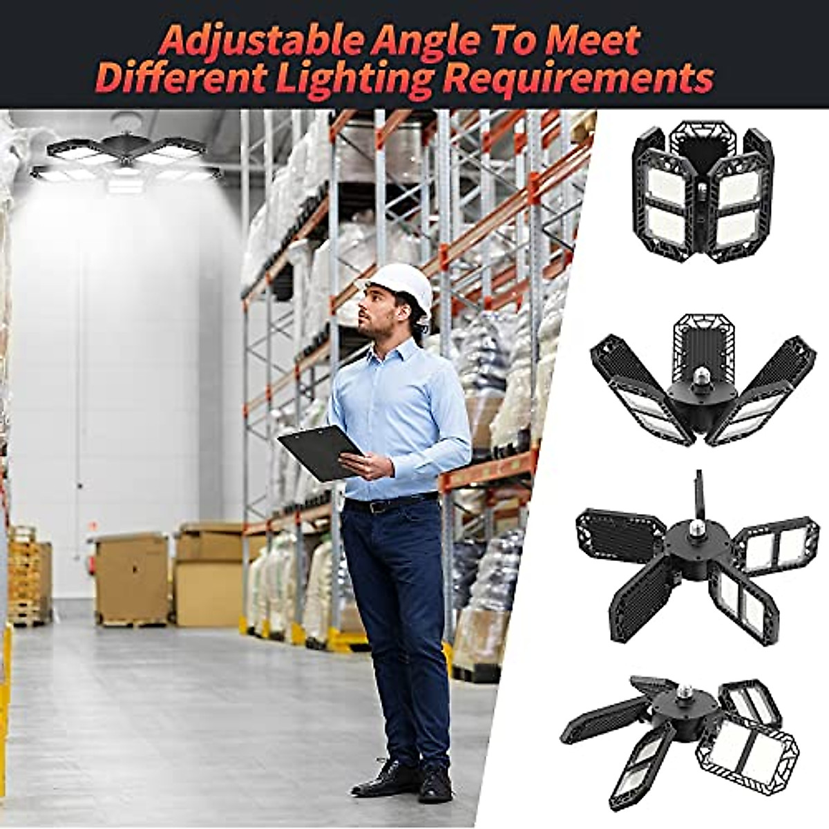 Rufbjkd LED Garage Light,300W Deformable LED Garage Ceiling Light with 5 Adjustable Leaf,Super Bright LED Shop Light With10+1 Glow Panels, Lighting for Garage Basement Warehouse,E26/E27 Base (2 Pack)