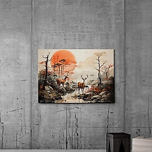 Abstract Deer Herd Canvas Wall Art, Mid Century Modern Original Art Print, Large Wall Art Prints, Oversize Framed Art, Deer Herd, Wall Art, Home Decor