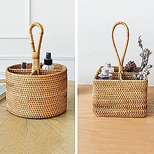 i-lan 2 Pack 4 Section Square Rattan Basket with Handle, 7”Divided Woven Remote Control Basket Tray with 5”Wall , Boho Catch-all Bottle Caddy Serving Basket Box for Cosmetic Organizer Utensils Holder