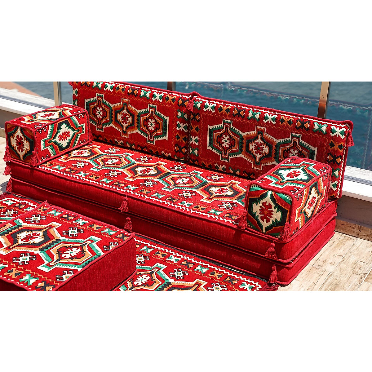 Oriental Cushions, Arabic Majlis, Arabic Floor Couch, Reading Loveseat, 8" Thickness Moroccan Floor Seating Set, Moroccan Home Decor Cushion (Sofa + Rug + Ottoman)