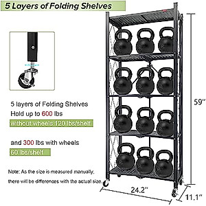 5-Shelf Foldable Storage Shelves with Wheels, Large Capacity Shelving Unit, Freestanding Metal Wire Shelf Rack, No Assembly Organizer Rack for Garage Kitchen, Basement, Pantry, Heavy Duty