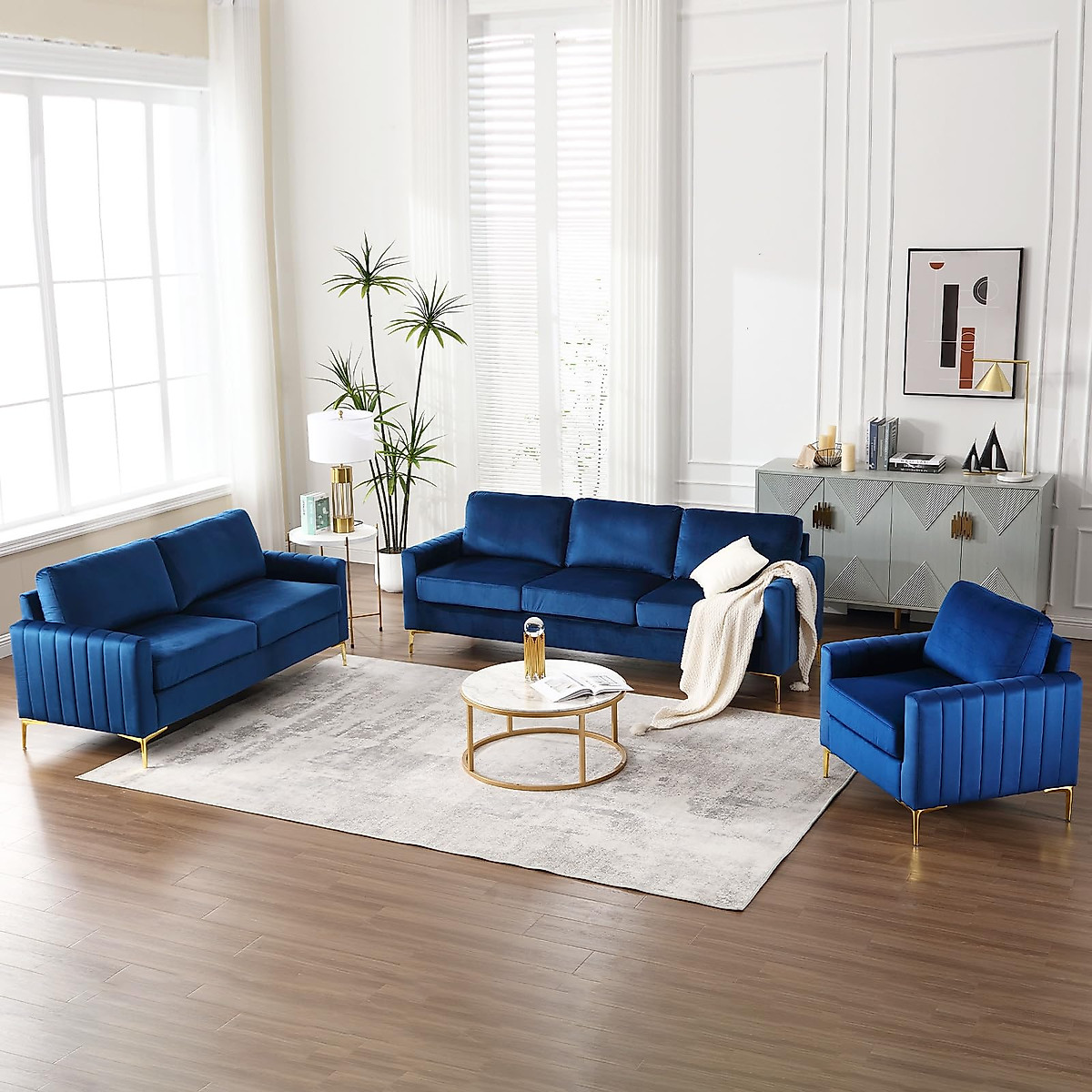 65'' Blue Couch for Small Space, Modern Comfy Upholstered 2-Seater Tufted Velvet Love Seat Sofa Couches for Livingroom Bedroom Apartment Furniture, Soft Foam Pocket Spring Hybrid Cushioned, Gold Leg