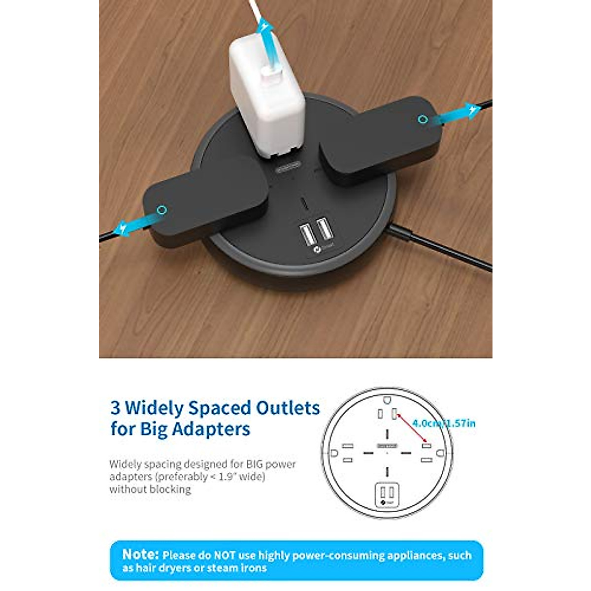 Extension Cord 10 ft, NTONPOWER 3 Widely Spaced Outlets Power Strip with USB Port, Wall Mountable, Flat Plug Extension Cord with USB, Overload Protection for Home, Office, Travel, Dorm Essentials