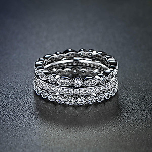 OPOMOMO 3 Pcs 2mm Women Stackable Eternity Ring Wedding Bands,18K White Gold Plated Cubic Zirconia Promise Rings Set (8)