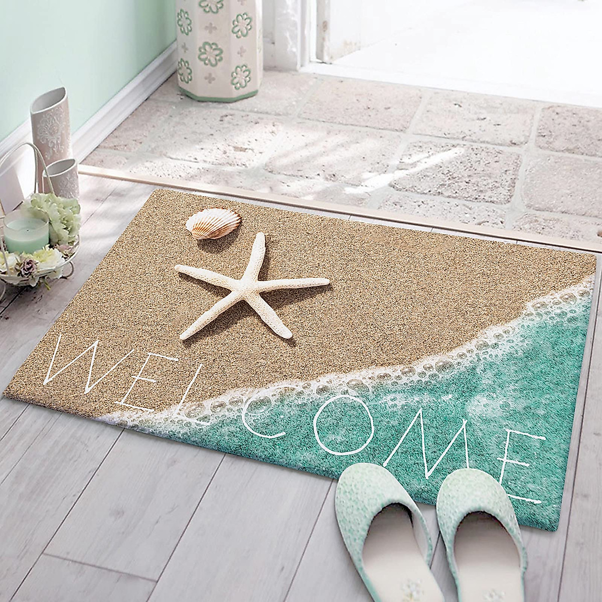 Fluffy Shag Area Rug,Coastal Beach Starfish Shells Ultra Soft Shaggy Carpet for Bedroom Living Room Bathroom Nursery, Teal Sea Water Floor Door Mats Home Decor 16×24in