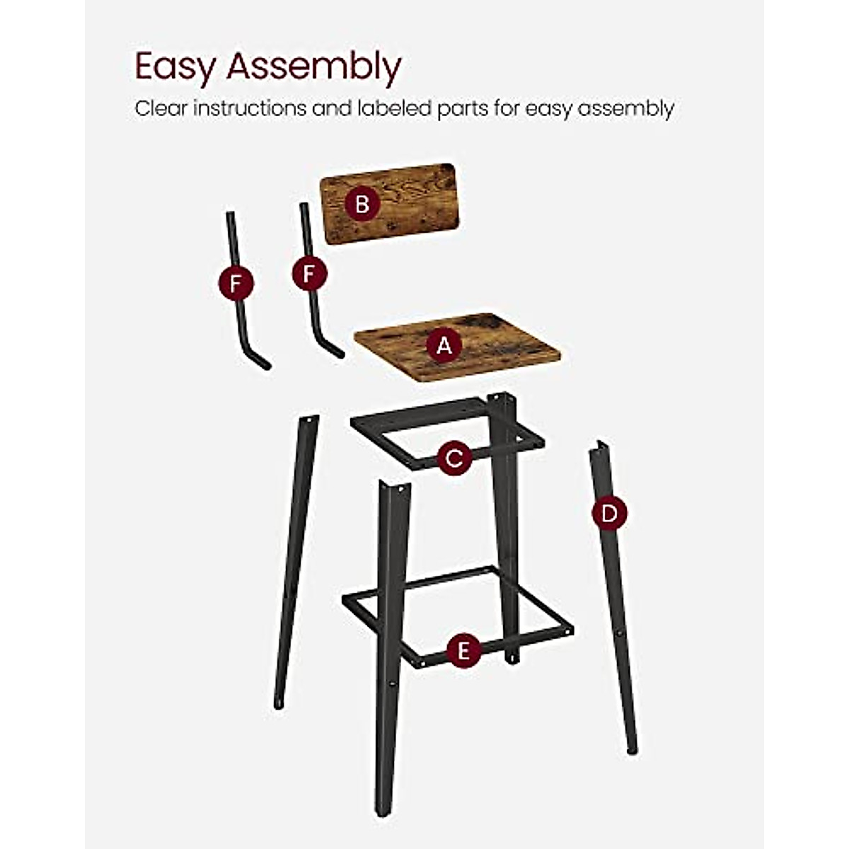 VASAGLE Set of 2 Bar Stools, Bar Height Stools, Tall Bar Stools with Back, Bar Chairs, Steel Frame, Industrial Style, Easy Assembly, Rustic Brown and Black ULBC078B01