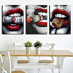 Red Lips Series: 【Luxury】-Spray Painting Core Modern Fashion Sexy Red Lips Nordic Style Room Decoration Painting Sofa Background HD Wall Painting Set of 3（11.8"X15.75")【No Fram