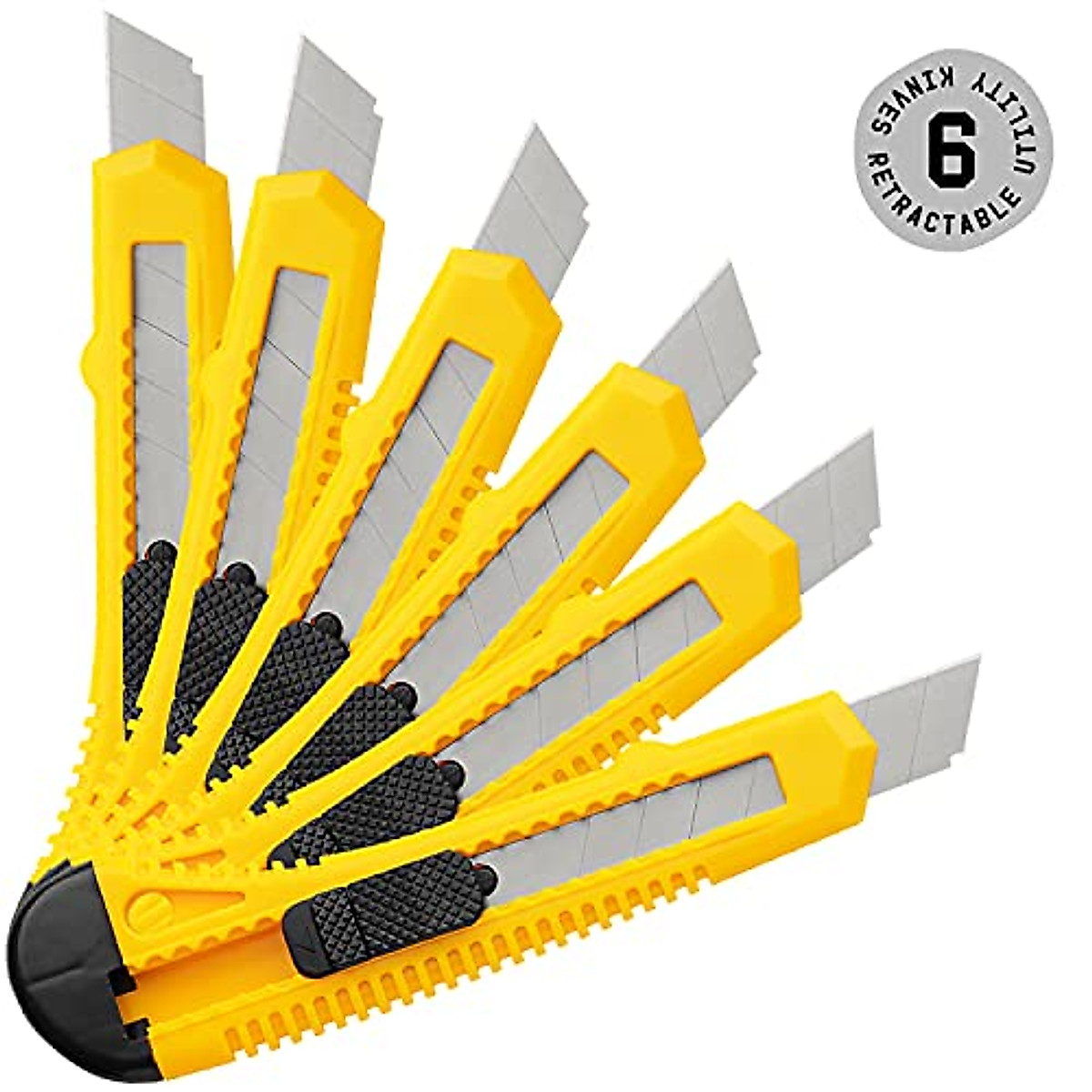 Katzco Retractable Utility Knife Set - 5 Pack - 6 Inch - Heavy Duty Carbon Steel - for Cardboard, Rope, Carpet, Linoleum, Plastic, Leather, Wallpaper, and More