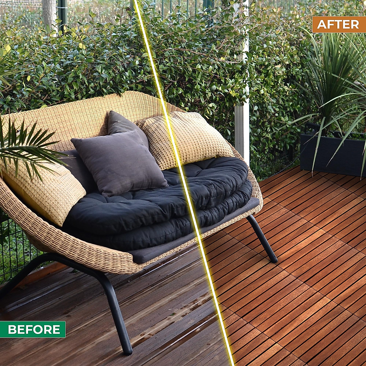 Solid Wood Interlocking Flooring Tiles (Pack of 10, 12" x 12"), Solid Wood Deck Tiles Interlocking, Patio Tiles Outdoor Interlocking Waterproof All Weather (12, 9 Slat)