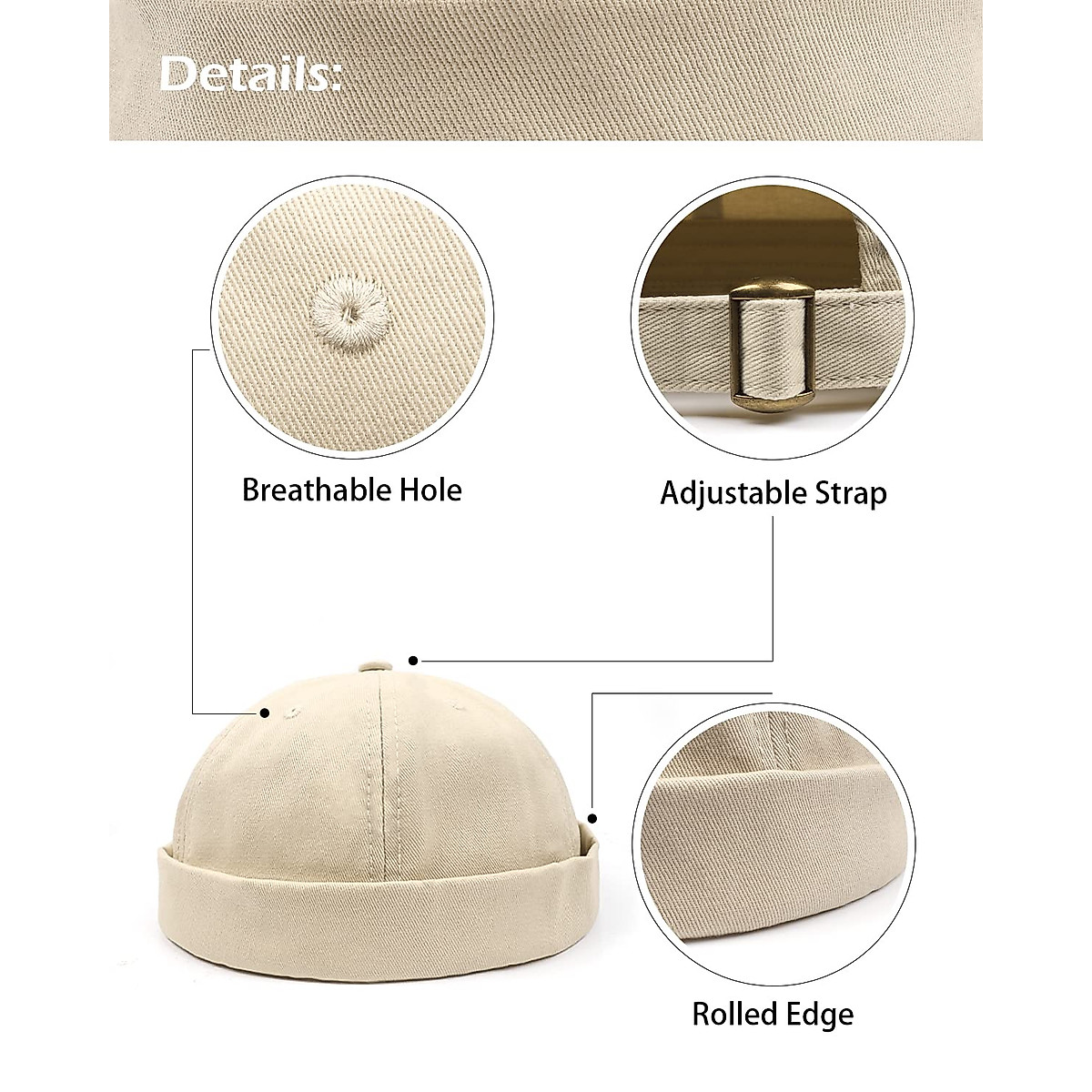 Zylioo XXL Oversize Watch Cap,Casual Harbour Hats for Big Heads,Roll-up Skull Caps,Large Adjustable Docker Hat Khaki