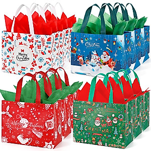 Large Christmas Gift Bags with Tissue Paper,12 Pack Reusable Xmas Gift Bags With Handle Christmas Bag Bulk Non-Woven Holiday Gift Bags Christmas Treat Baskets Party Supplies 12.2" x 9.8" x 4.5"