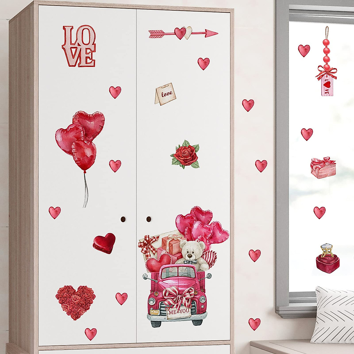 Valentine's Day Love Wall Decals Red Truck Balloon Window Clings Wall Stickers Rose Diamond Ring Romantic Decals Removable Peel and Stick Murals for Home Bedroom Living Room Wedding Anniversary Decor