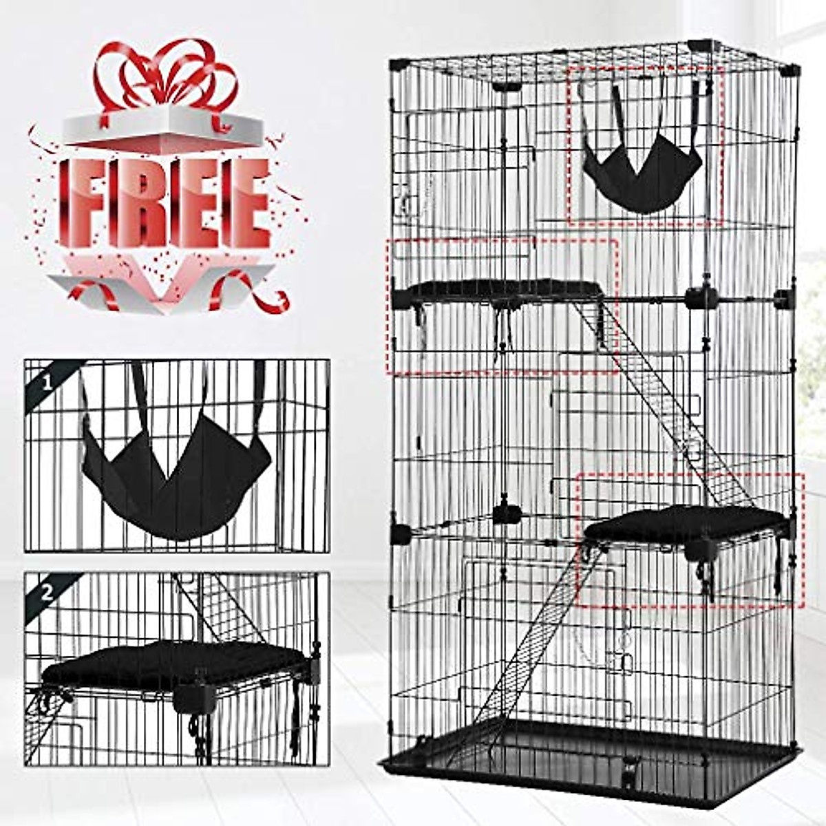BestPet 3-Tier 67 Inch Cat Cage Enclosure Cat Crate Ferret Cage Cat Kennel Cat Playpen with Free Hammock 3 Cat Bed 3 Front Doors 2 Ramp Ladders Perching Shelves
