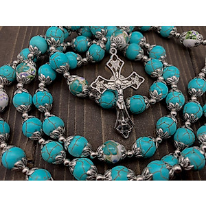 Nazareth Store Catholic Turquoise Marble Beads Rosary Flowers Beaded Necklace Miraculous Medal Cross Crucifix Silver Tone Rosaries in Velvet Bag