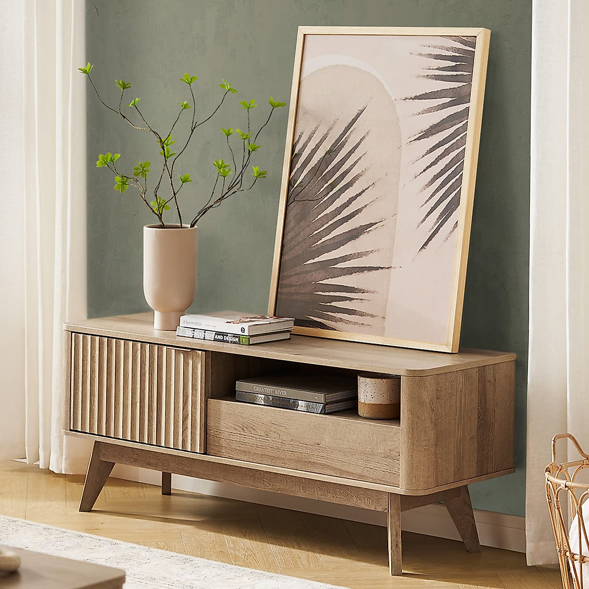 mopio Brooklyn Mid-Century Modern TV Stand, for TVs up to 50” / 59" Waveform Panel, Sleek Curved Profile with Adjustable Shelf and Sturdy Box Frame Leg (Golden Oak, 47")