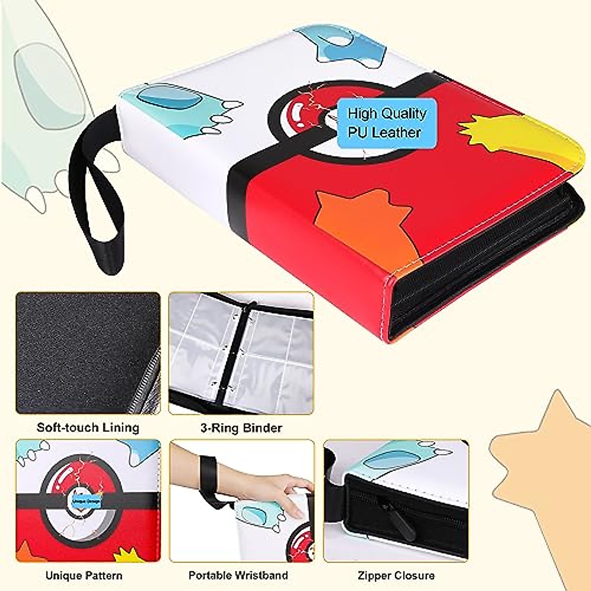 ESSAGER 4-Pocket Trading Card Binder, Fits 400 Cards with 50 Removable Sleeves, Zipper Card Collection Binder Album Book Storage Organizer - Toys Gifts for Boys Girls