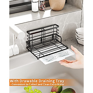 SWTYMIKI Sink Caddy Kitchen Sink Organizer, Large Capacity Sink Sponge Caddy with Pull-Out Drainage Tray Rustproof Kitchen Sponge Holder with Detachable Basket for Sponge and Brush, Black