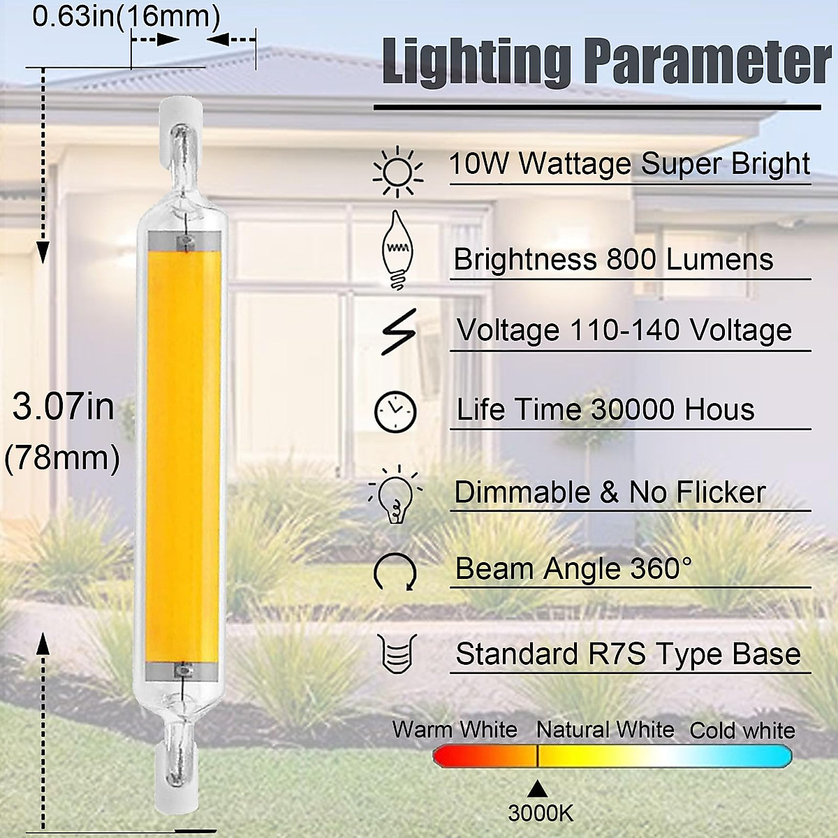 10W R7S LED Bulb, Dimmable 78mm COB LED Lights Bulbs, 100W Halogen Equivalent Floodlight Double Ended J T-Ype 360° Beam Angle 3000K Warm White,Natural White,1 Pack