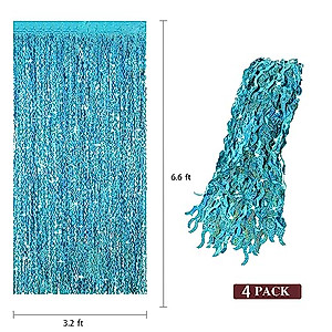 4 Pack Teal Aqua Blue Wavy Foil Fringe Curtains Party Decorations - 3.3 ft x 6.6 ft Sparkle Streamer Tinsel Curtain Party Photo Backdrops for Birthday Party Christmas Graduation Decoration