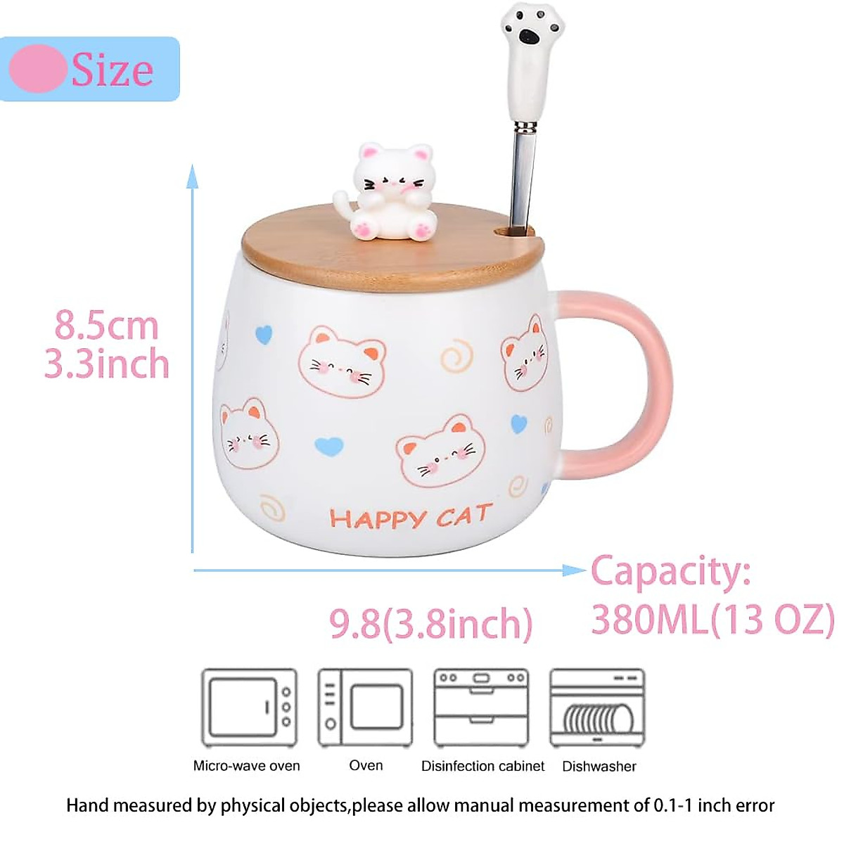 XinHuiGY Cute Animal Coffee Mug with Lid and Spoon, Cute Cow Print Stuff Gifts, Ceramic Tea Cup, Kawaii Cup, Cartoon Coffee Cup gift for Women Office and Personal Birthday Christmas 480ml (Cat)