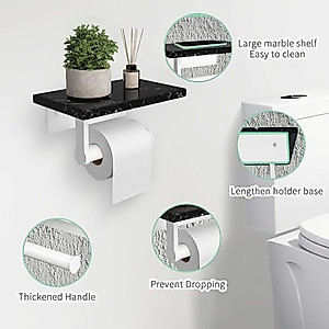 Toilet Paper Holder with Shelf，Wall Mounted Black Toilet Paper Holder，Marble Tissue Roll Holder for Bathroom Washroom(Middle 7.87 * 4.72 in)