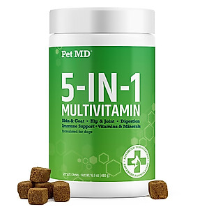 Pet MD 5in1 Dog Multivitamin - 30 Essential Vitamins, Minerals & Nutrients for Skin & Coat, Hip & Joint, Digestion, Immune & Senior Dog Vitamins - Glucosamine, Omega 3 6 9, & Probiotics - 120 ct