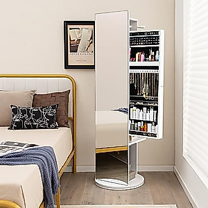 CHARMAID 65.5" H Jewelry Armoire with Full Length Mirror and Clothes Rack, Slide-Out Jewelry Cabinet with 3-Color LED lights, Rear Shelves, Hanging Rods, 360° Swivel Jewelry Organizer Storage (White)